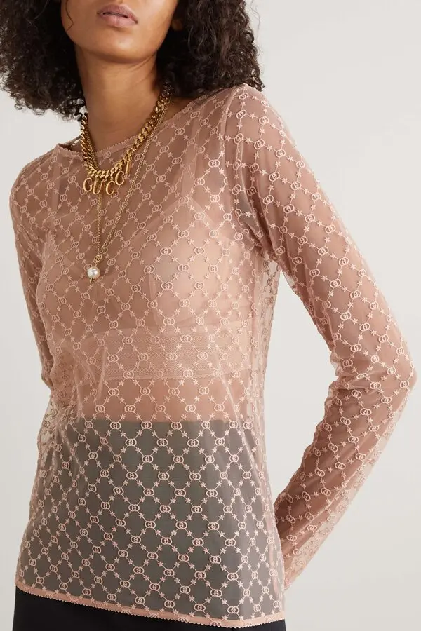 Gucci Love Parade Embroidered Tulle Top