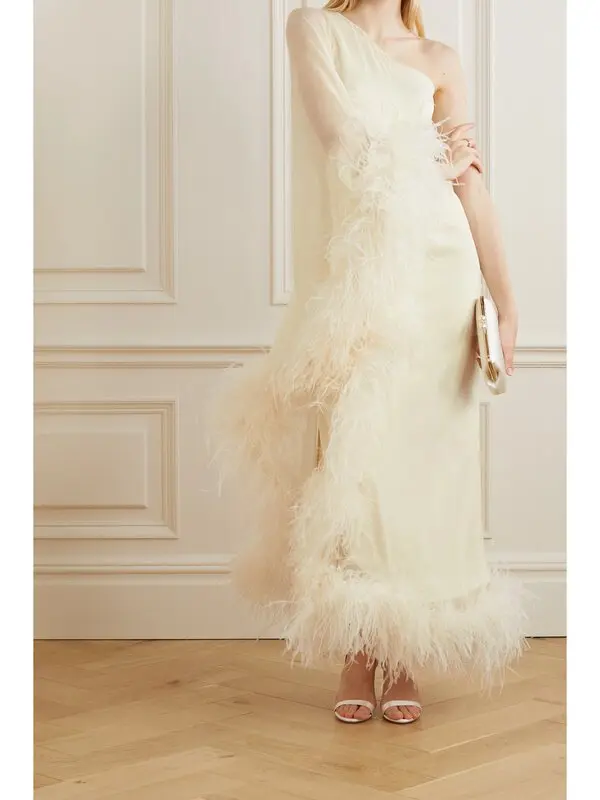 taller marmo ubud one-shoulder feather-trimmed dress Taller Marmo Piccolo Ubud One-shoulder Feather-trimmed Crepe Mini Dress in  Pink