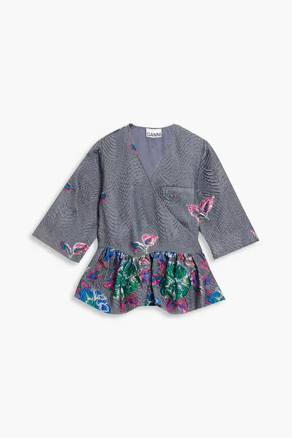 GANNI Fil Coupé Cloqué Wrap Blouse - Silver