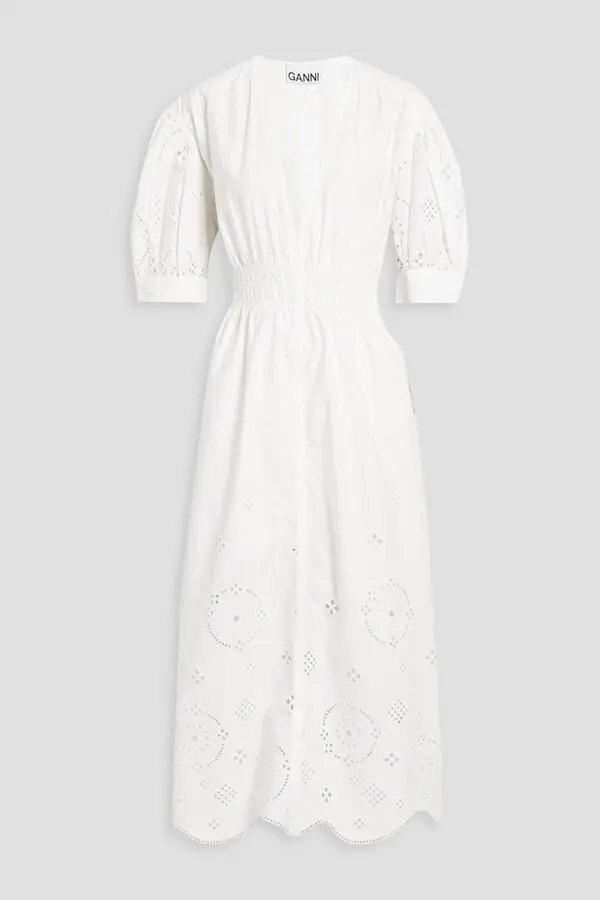 GANNI Shirred Organic Broderie Anglaise Cotton Midi Dress - White