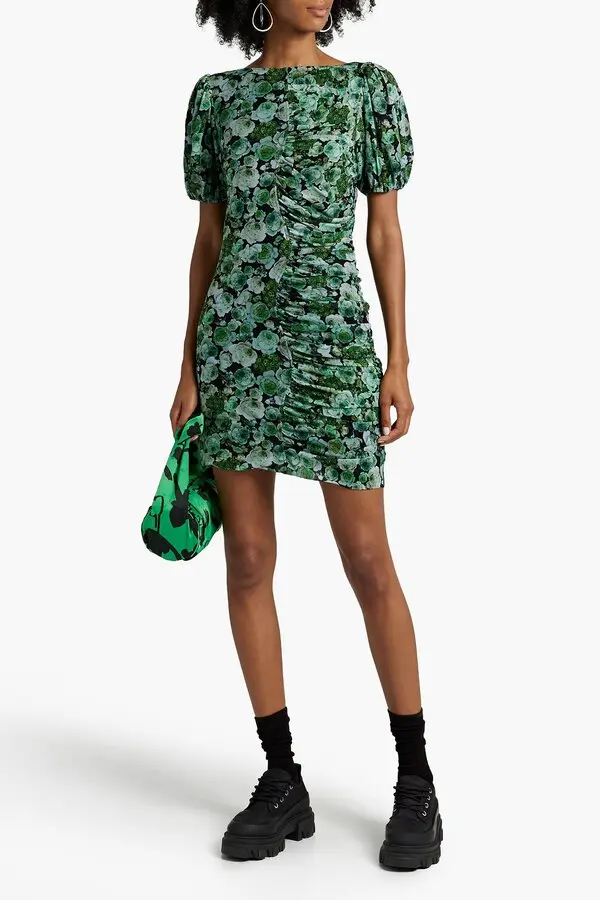 ganni green floral dress Printed Floral Lycra Jersey Gathered Dress