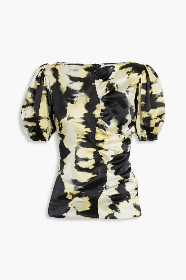 GANNI Gathered Printed Silkblend Top - Yellow