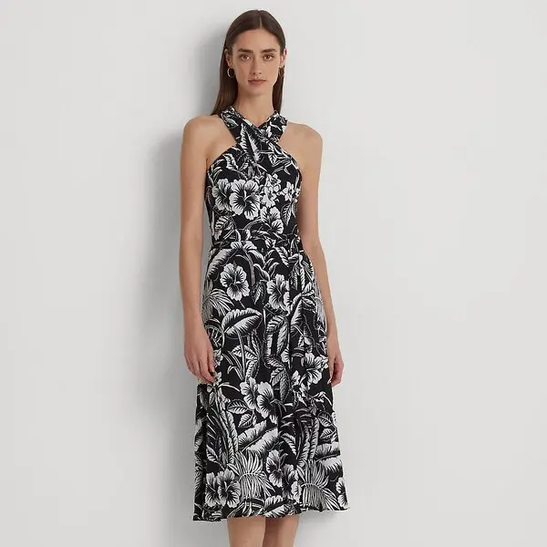 slim fit dress slacks Black Floral Print Criss Cross Halter Fit and Flare Dress – Olivia Dress main image 0