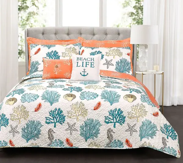LUSH DECOR Coastal Reef Blue/coral 7-piece Fl/qn Quilt Set By - One-color