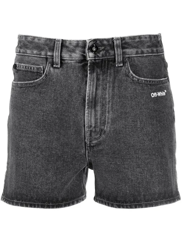 Off-White Diag-stripe Denim Shorts - Grey