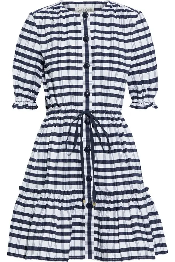 Saloni Billie Tiered Checked Seersucker Mini Dress - Navy