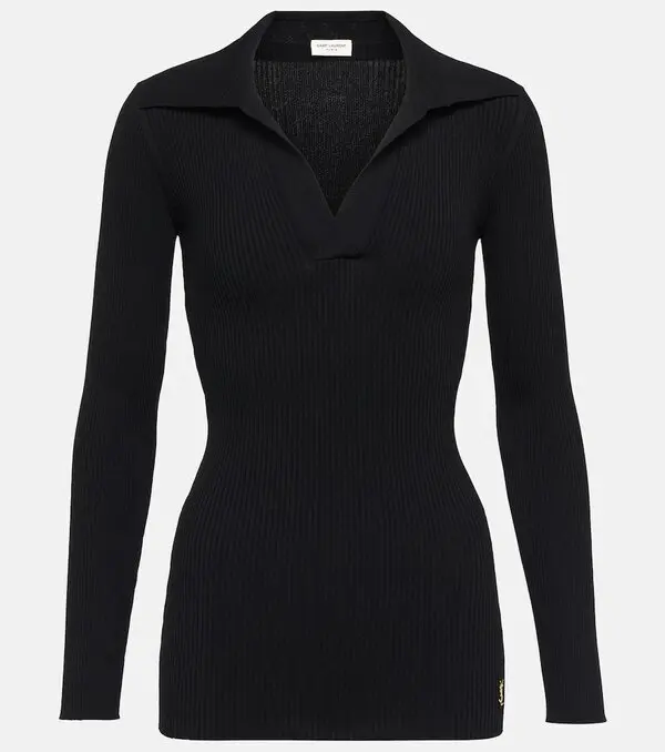 Saint Laurent Ribbed-knit Polo Sweater - Black