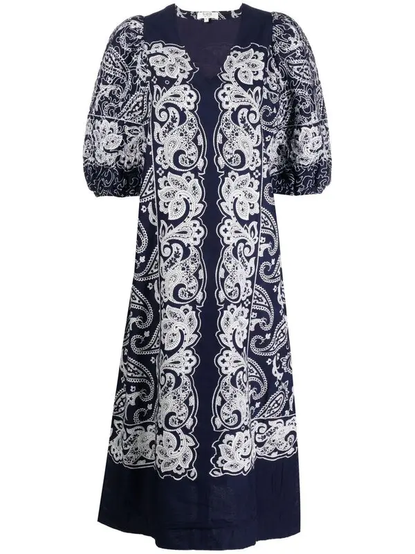 Sea Paisley-print Puff-sleeve Midi Dress