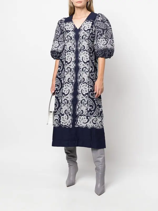 Sea Paisley-print Puff-sleeve Midi Dress