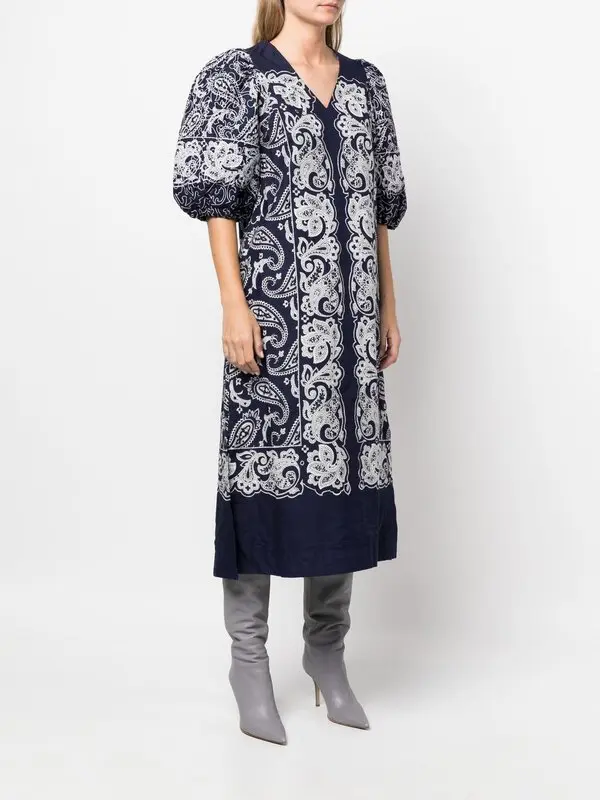 Sea Paisley-print Puff-sleeve Midi Dress