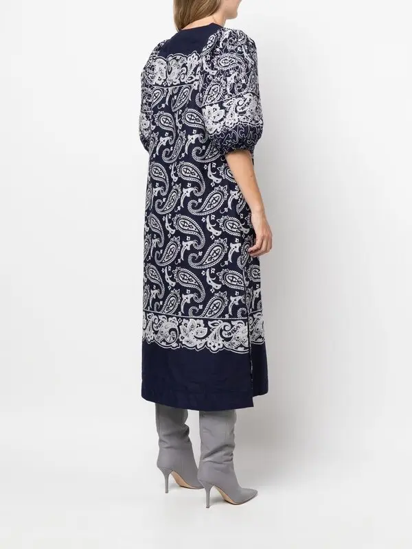 Sea Paisley-print Puff-sleeve Midi Dress