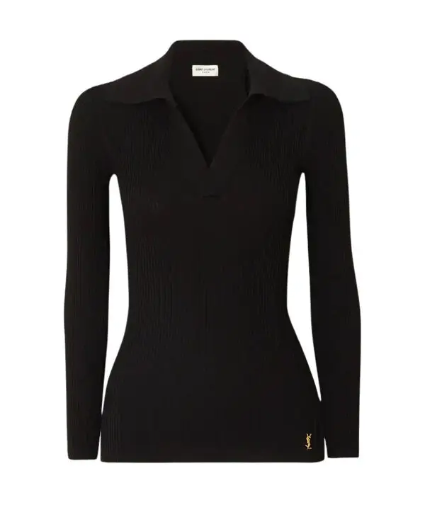 Saint Laurent Embellished Ribbed-knit Polo Sweater - Black