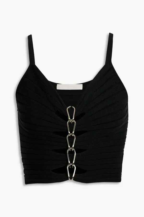DION LEE Cropped Chain-embellished Ribbed Knit Camisole - Black