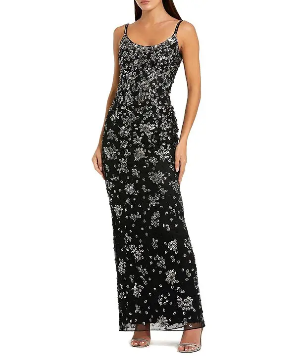 Mac Duggal Floral Beaded Gown - Black Silver