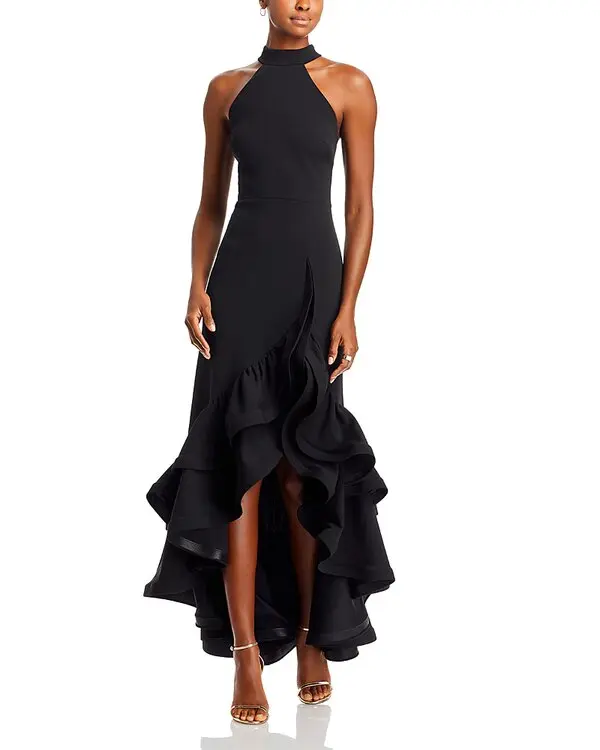 Aqua Racerback Ruffle Hem Gown - Black