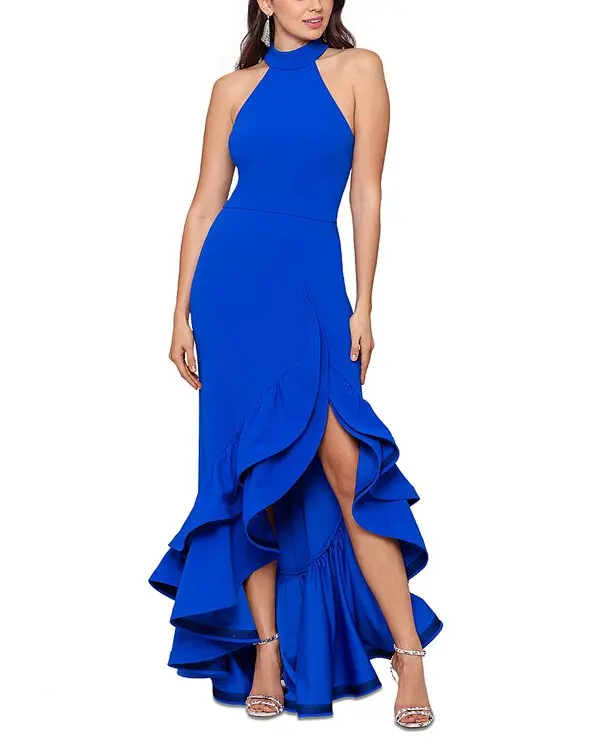 Aqua Racerback Ruffle Hem Gown - New Cobalt