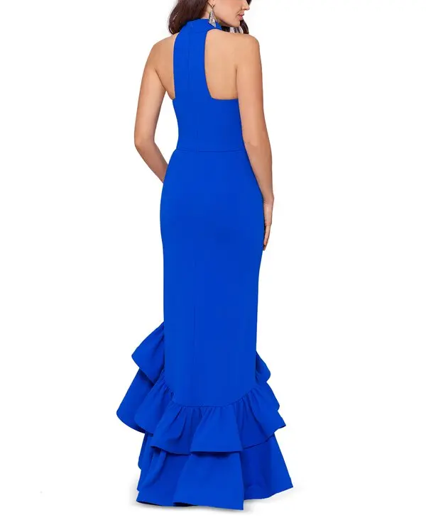 Aqua Racerback Ruffle Hem Gown - New Cobalt