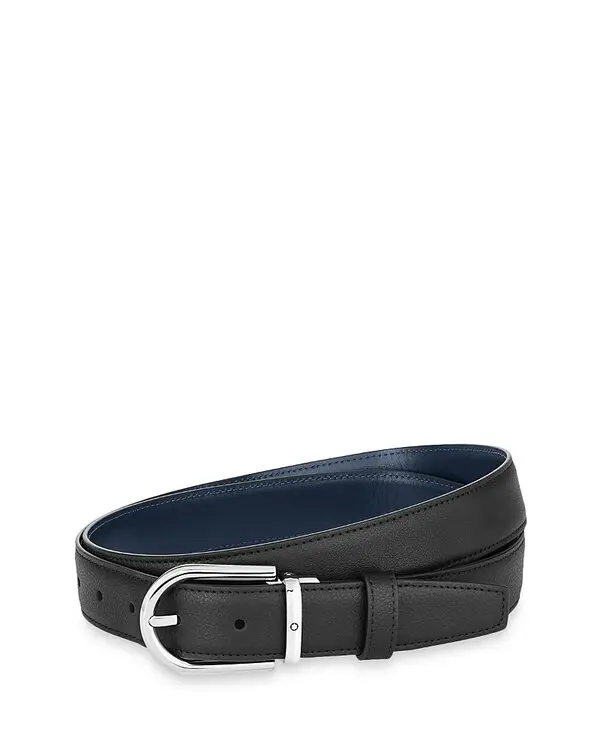 Montblanc Horseshoe Palladium Reversible Leather Belt - Black/blue