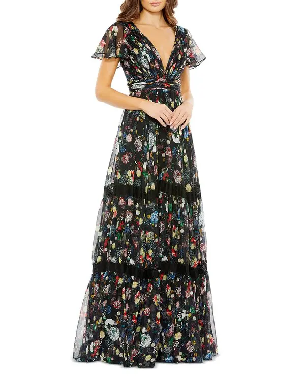 Mac Duggal Floral Plunge Neck Gown