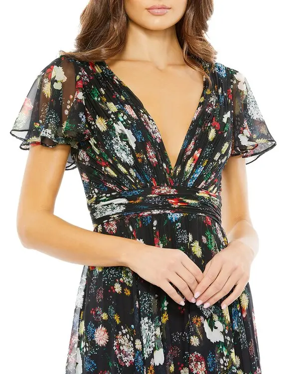 Mac Duggal Floral Plunge Neck Gown