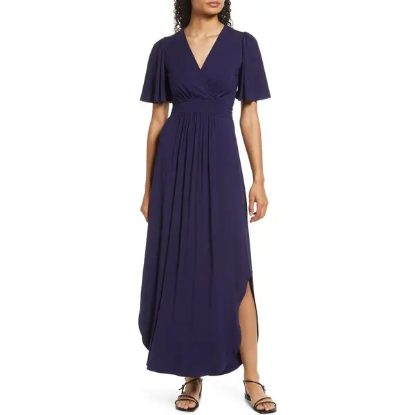 Fraiche By J Flutter Sleeve Jersey Maxi Dress - Navy | Editorialist