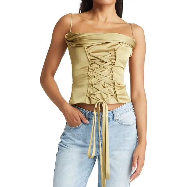 House Of Cb Lace-up Satin Corset Top - Olive