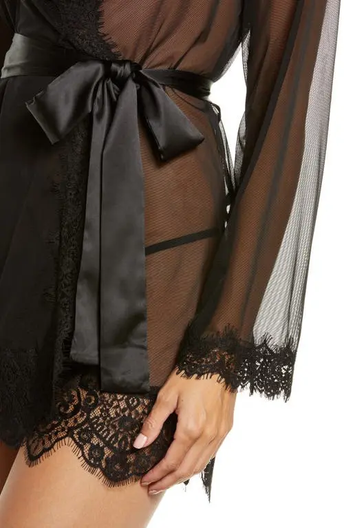 OH LA LA CHERI Lace Trim Mesh Robe & G-string Set - Black