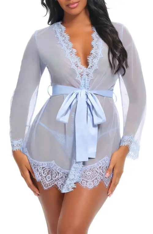 OH LA LA CHERI Lace Trim Mesh Robe & G-string Set - Brunnera Blue