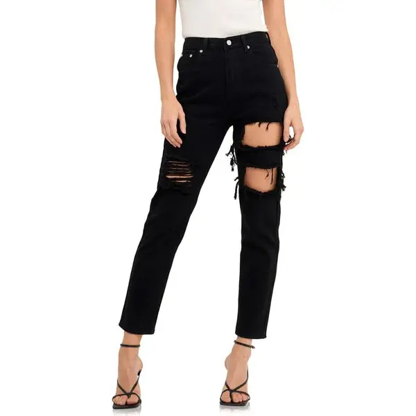 GREY LAB Cutout Ripped High-rise Straight Leg Jeans - Black