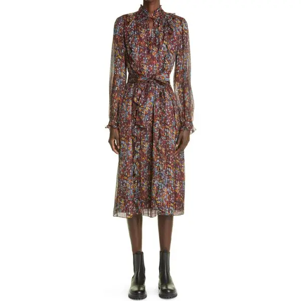 Lafayette 148 New York Harlan Long Sleeve Silk Blend Dress - Antique Ruby Multi