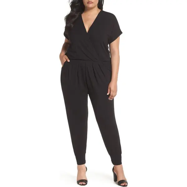 Loveappella Short Sleeve Wrap Top Jumpsuit - Black