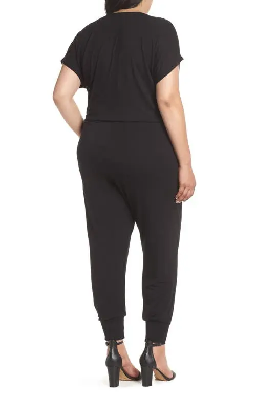 Loveappella Short Sleeve Wrap Top Jumpsuit - Black