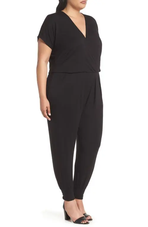 Loveappella Short Sleeve Wrap Top Jumpsuit - Black