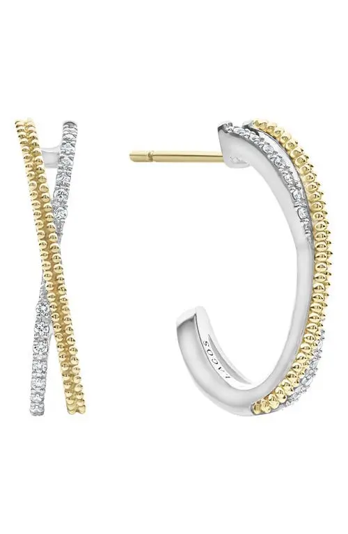 Lagos Caviar Lux Diamond Crossover Hoop Earrings - Silver/ Diamond