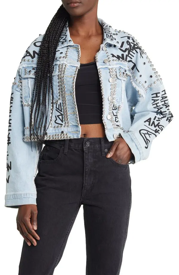 AZALEA WANG Grafitti Studded Cotton Denim Jacket