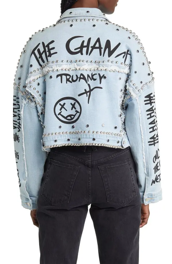 AZALEA WANG Grafitti Studded Cotton Denim Jacket