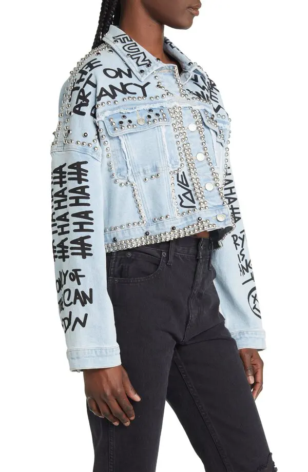AZALEA WANG Grafitti Studded Cotton Denim Jacket