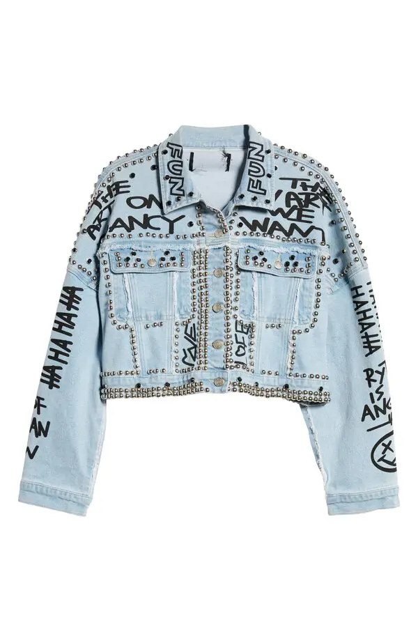 AZALEA WANG Grafitti Studded Cotton Denim Jacket