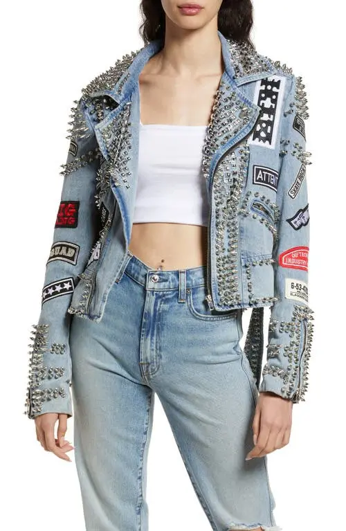 AZALEA WANG Spike Patch Embellished Belted Denim Moto Jacket