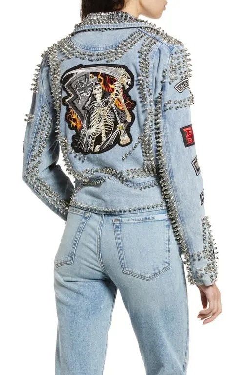 AZALEA WANG Spike Patch Embellished Belted Denim Moto Jacket