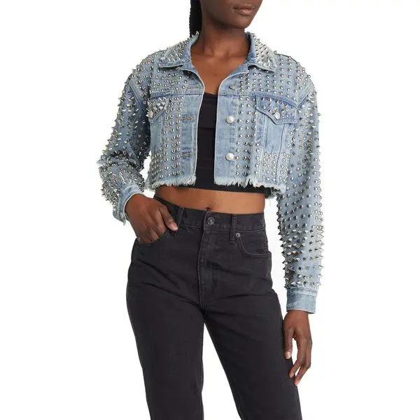 AZALEA WANG Studded Distressed Crop Cotton Denim Trucker Jacket