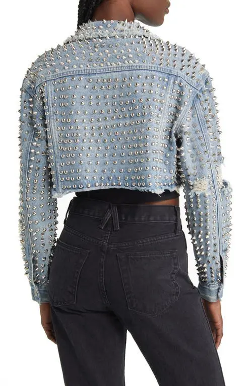 AZALEA WANG Studded Distressed Crop Cotton Denim Trucker Jacket