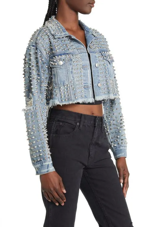 AZALEA WANG Studded Distressed Crop Cotton Denim Trucker Jacket