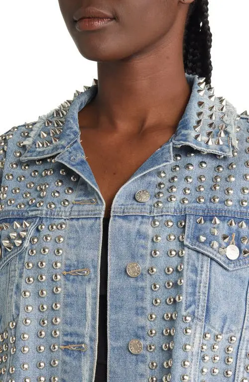 AZALEA WANG Studded Distressed Crop Cotton Denim Trucker Jacket