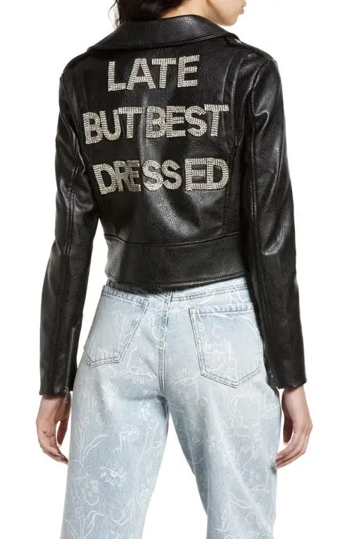 Azalea Wang Rhinestone Faux Leather Belted Moto Jacket - Black |  Editorialist