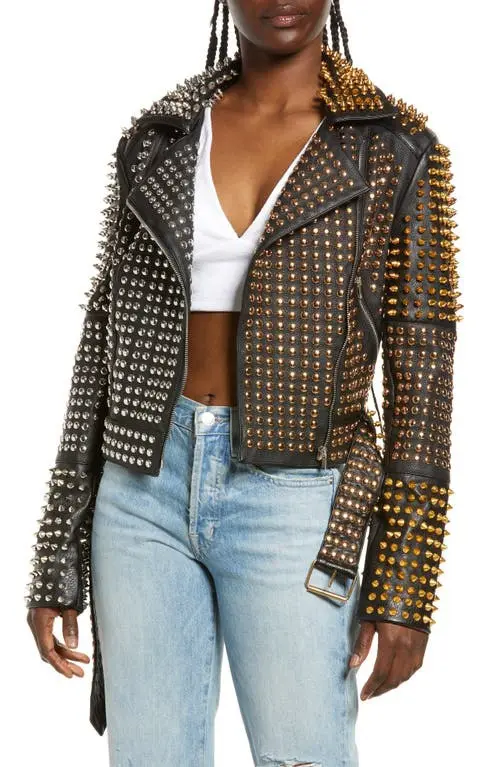 AZALEA WANG Studded Faux Leather Belted Moto Jacket - Black