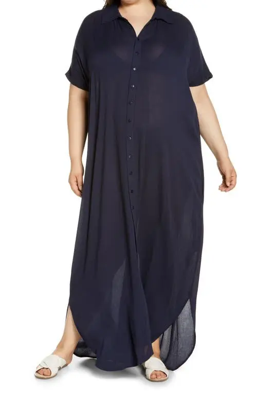 Elan Button-down Maxi Cover-up Dress - Navy