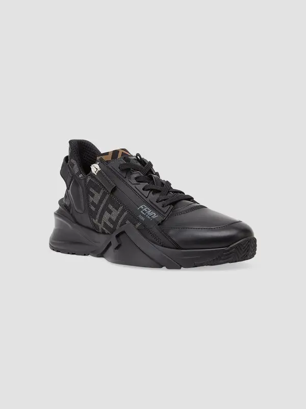 Fendi Flow Vitello Leather & Tonal Logo Jacquard Sneakers - Black