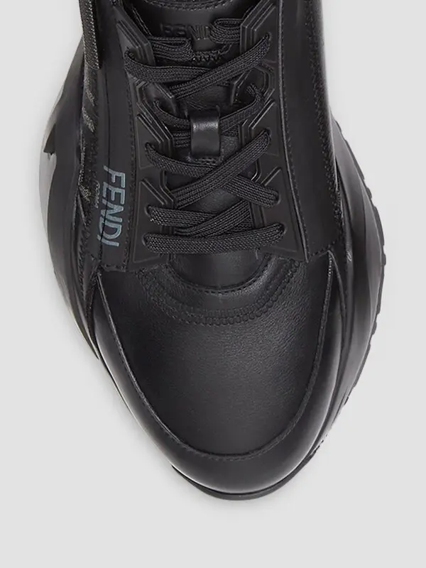 Fendi Flow Vitello Leather & Tonal Logo Jacquard Sneakers - Black