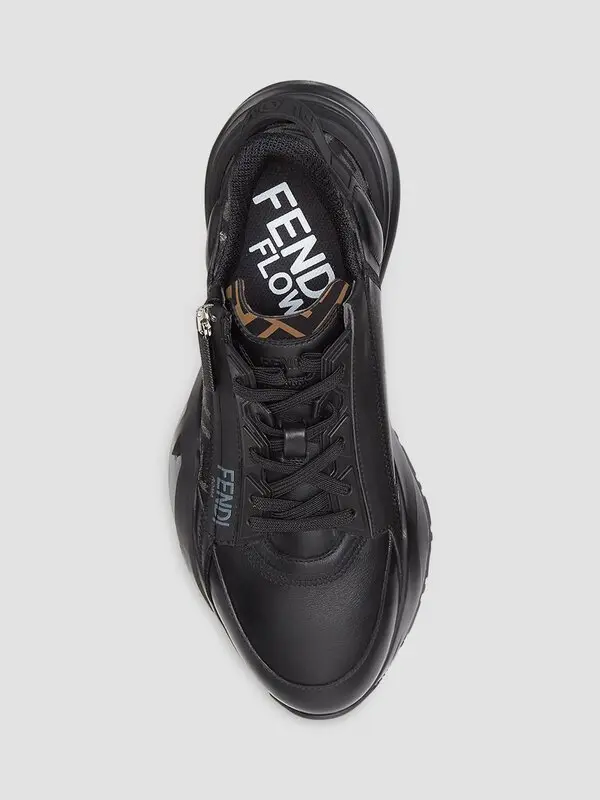 Fendi Flow Vitello Leather & Tonal Logo Jacquard Sneakers - Black